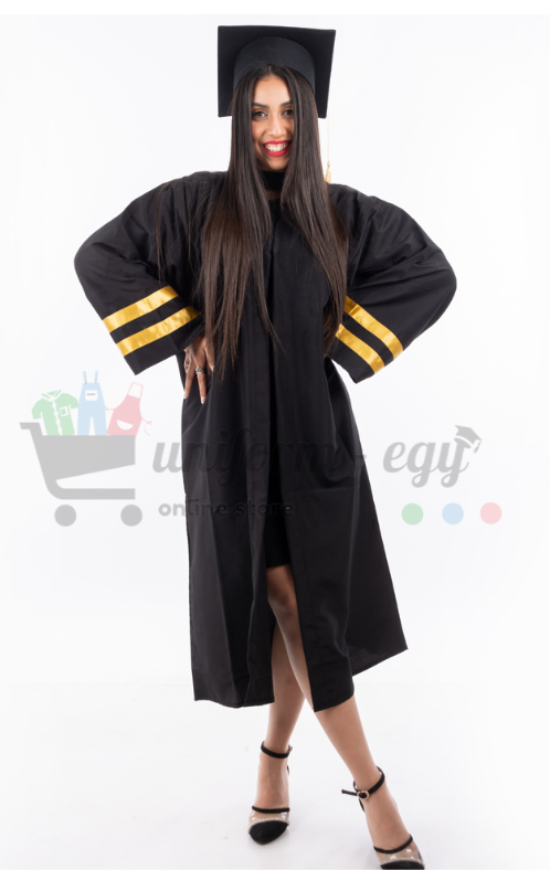 Black robe graduation set with a golden line on the sleeve and cap ...